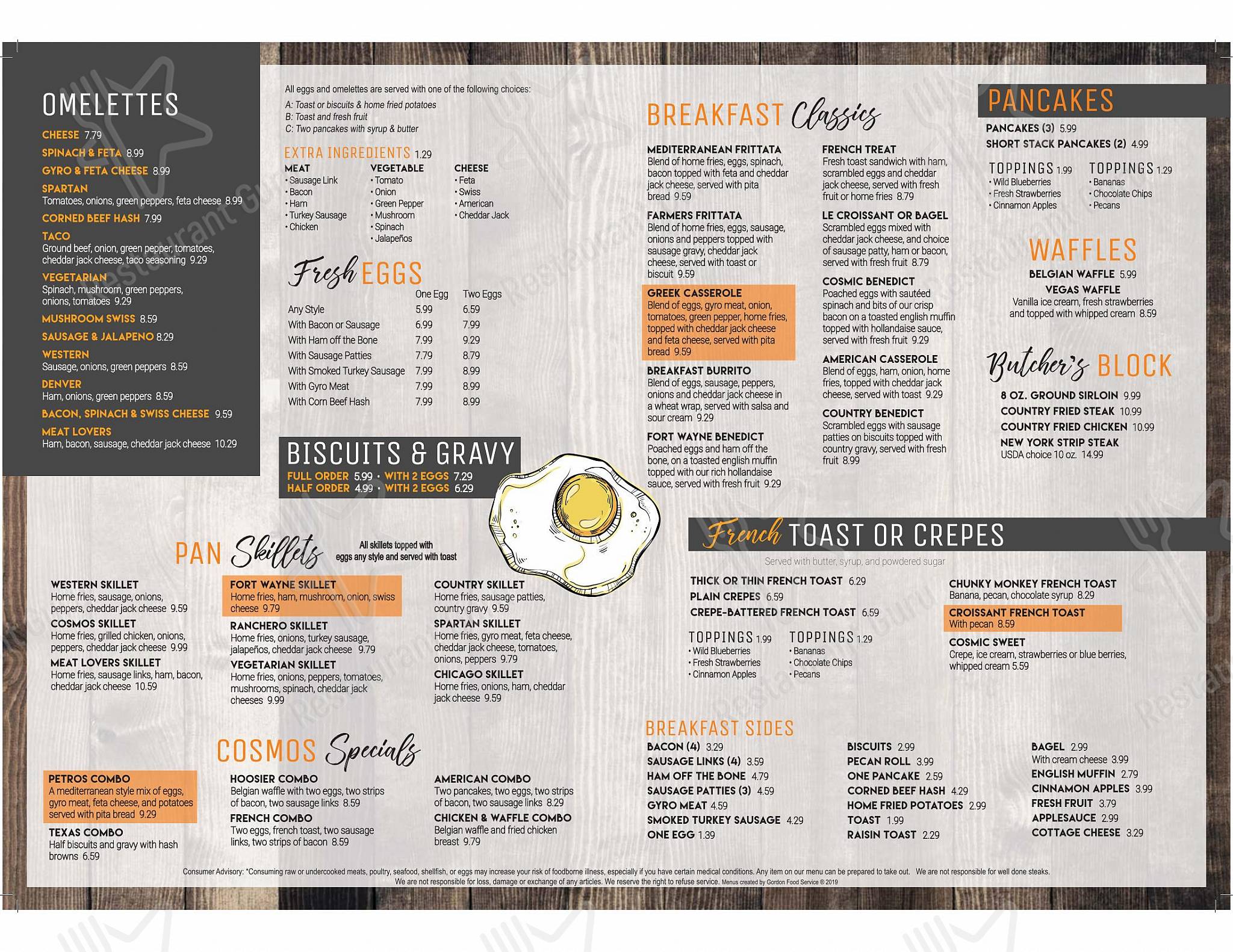 Menu at Cosmos Restaurant, Fort Wayne, Lima Rd