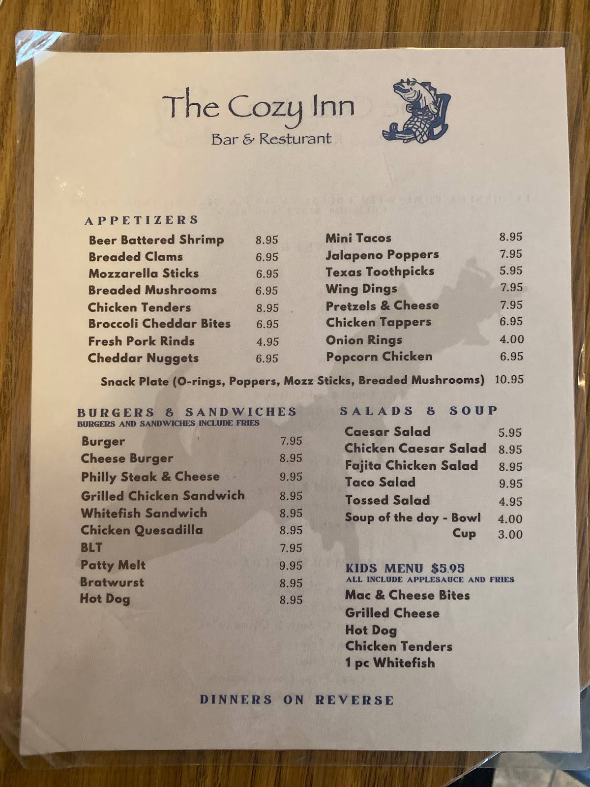 Menu at Cozy Inn pub & bar, Brimley