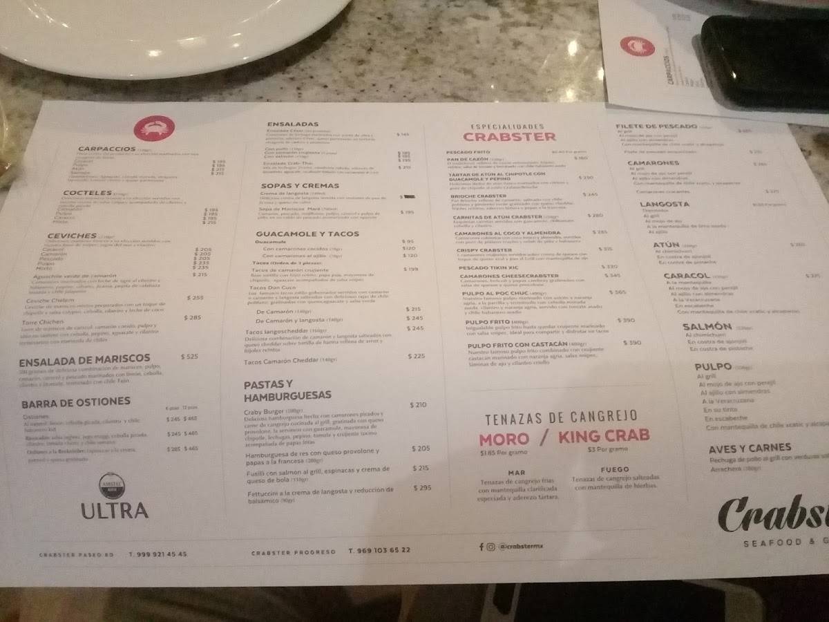 Menu at Crabster restaurant, Merida