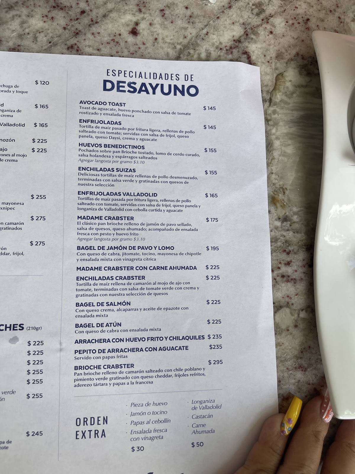 Menu at Crabster restaurant, Merida