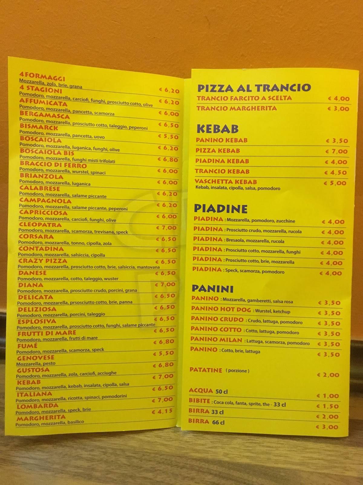 Menu at Crazy Pizza pizzeria, Monza