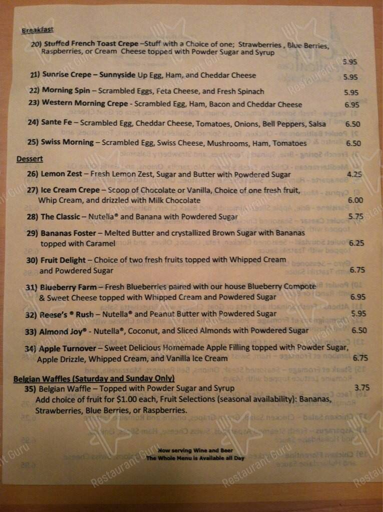 Menu at Crepe Creation Cafe, Myrtle Beach, Deville St