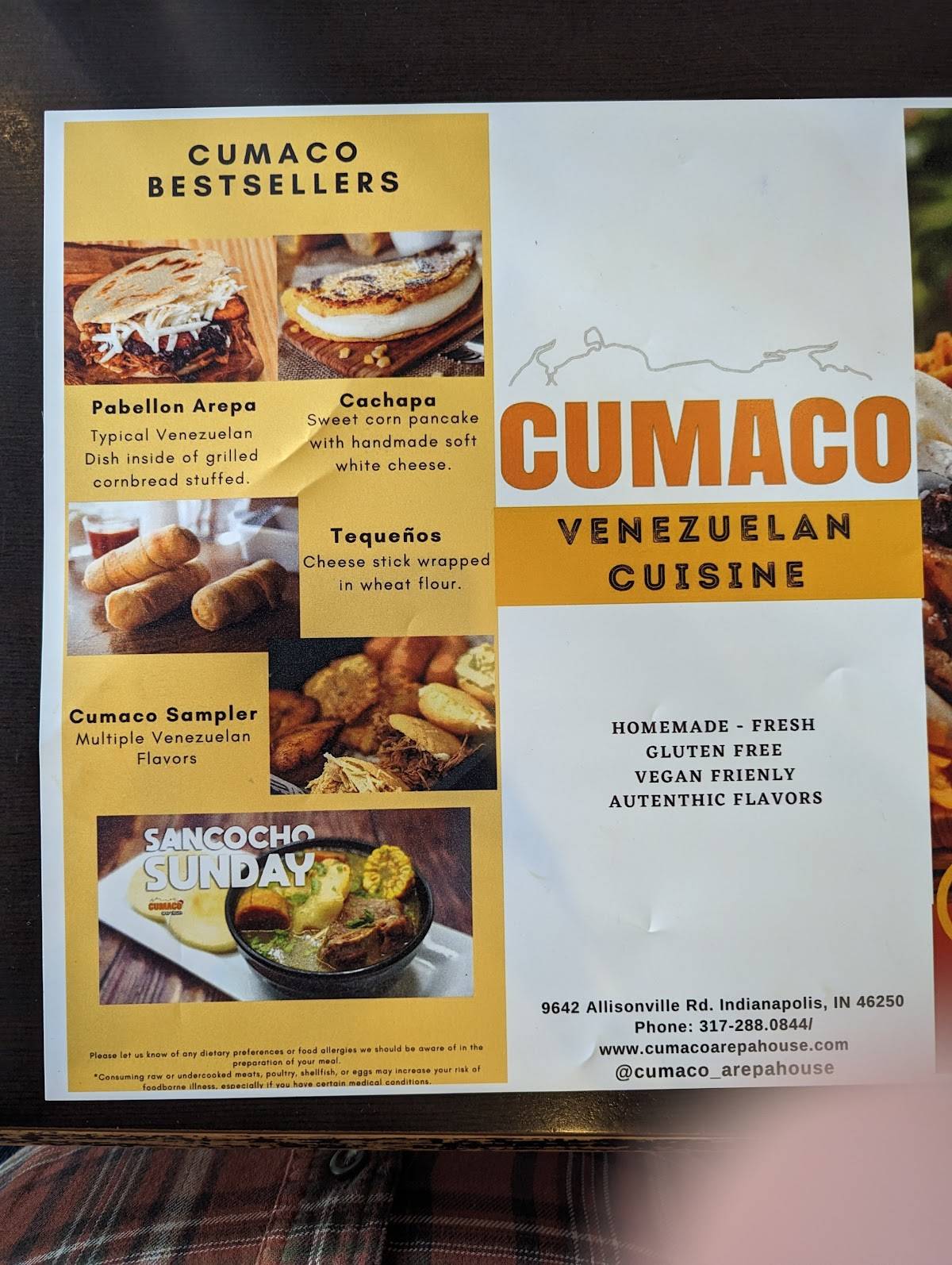Menu at Cumaco Arepa House restaurant, Indianapolis