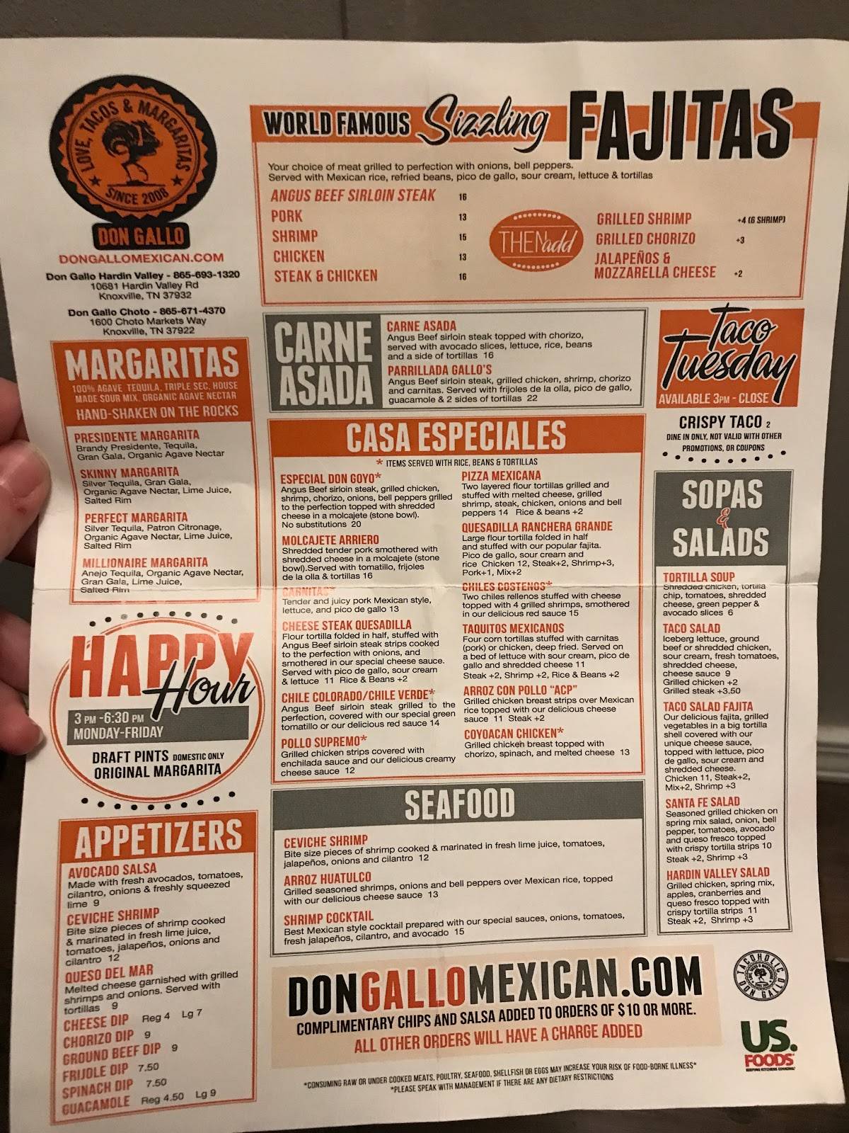 Menu at DON GALLO restaurant, Knoxville, Choto Markets Way