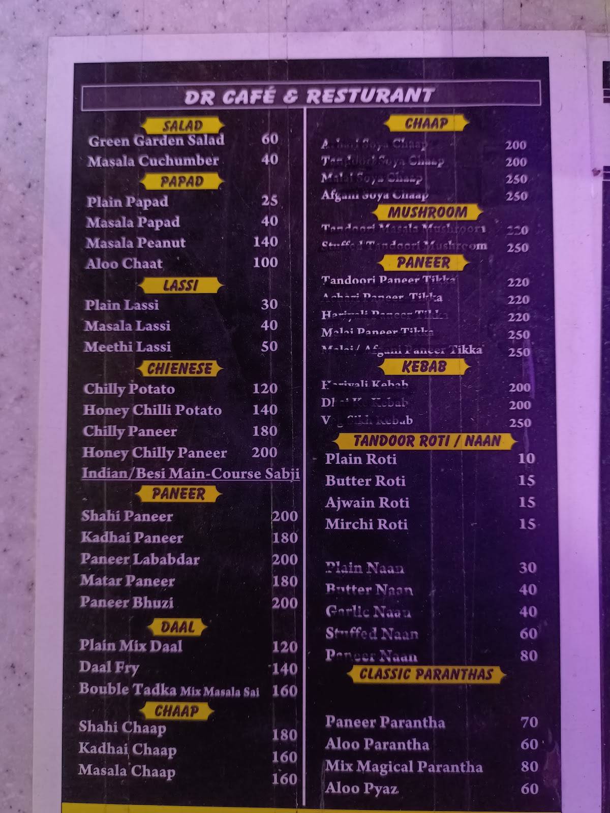 Menu at DR. CAFE, Motichur Range