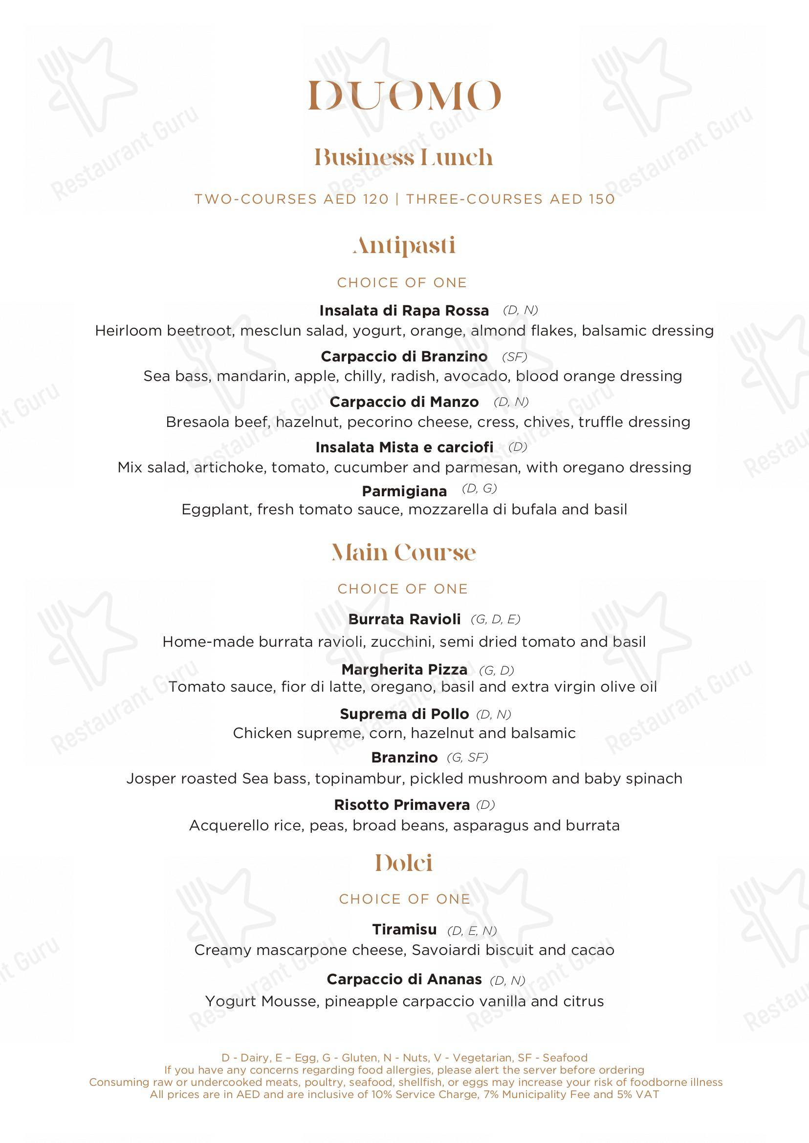 Menu at DUOMO Dubai restaurant, Dubai