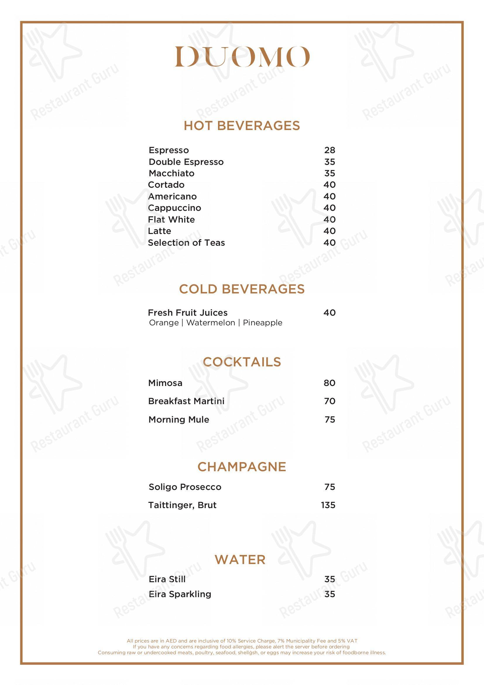 Menu at DUOMO Dubai restaurant, Dubai