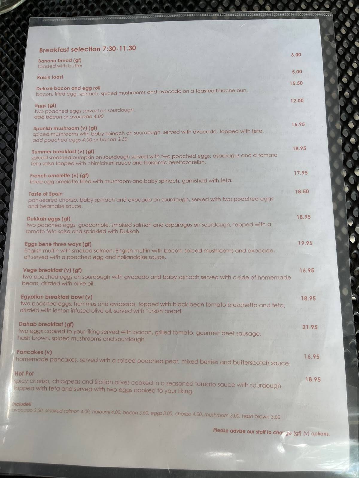 Menu at Dahab Cafe, Dubbo