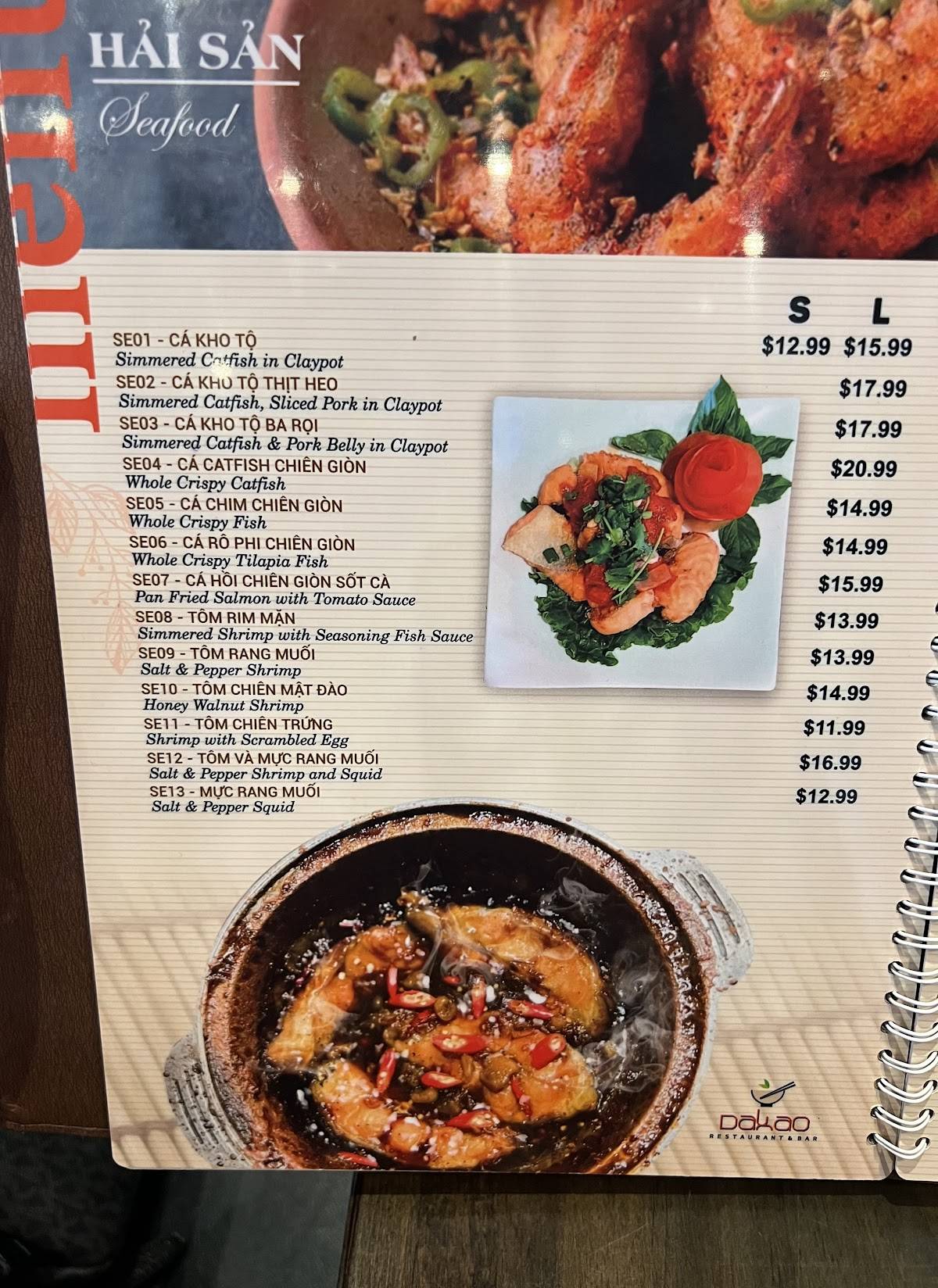 Menu at Dakao restaurant, Houston