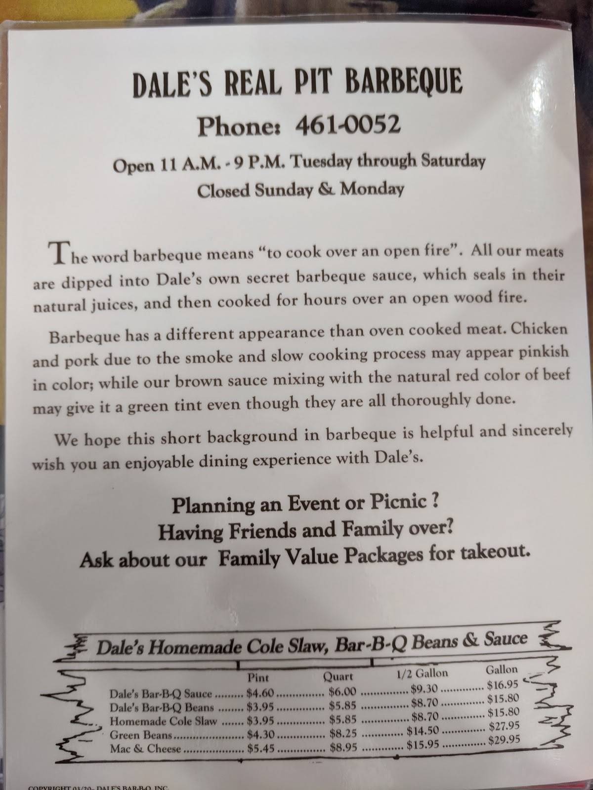 Menu at Dale's BBQ South, Fort Pierce