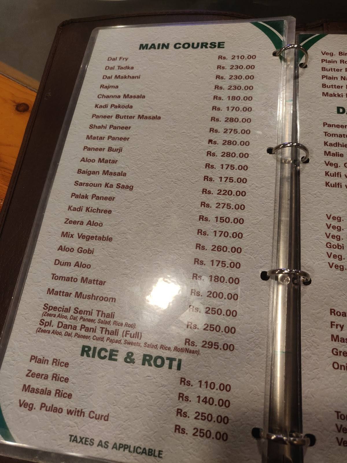 Menu at Dana Pani, Pahalgam, Main