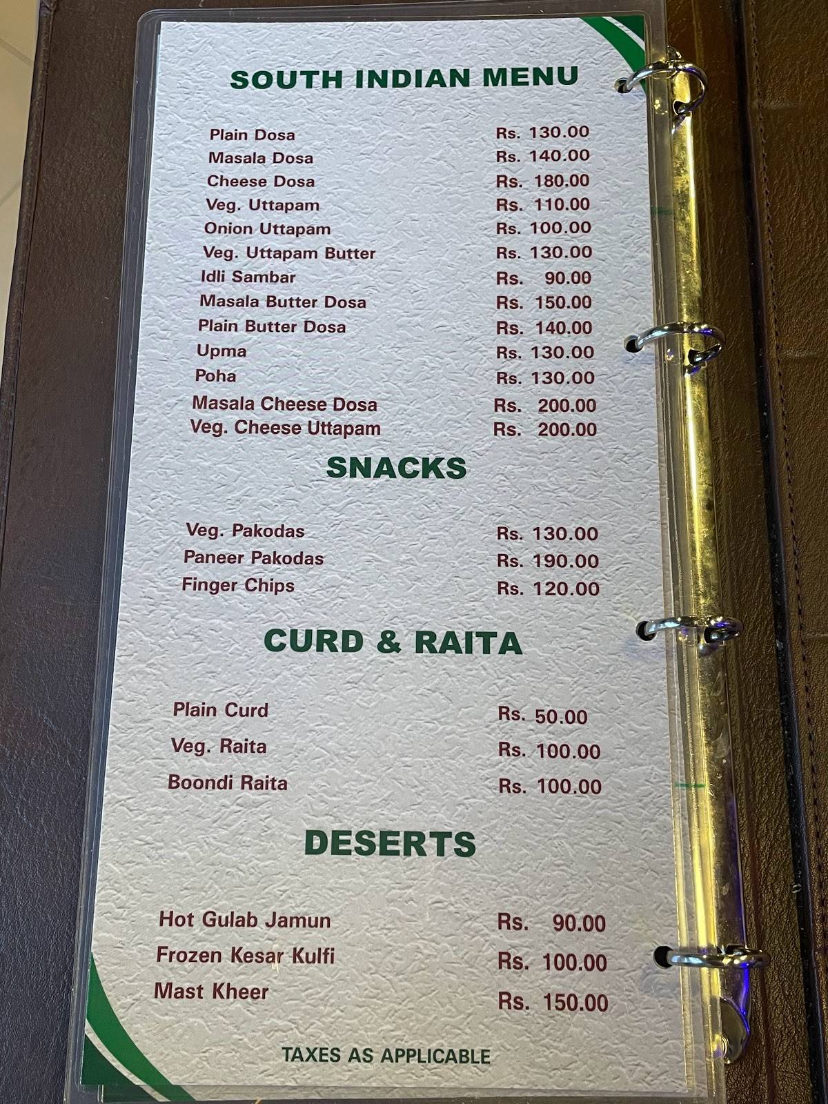 Menu at Dana Pani, Pahalgam, Main