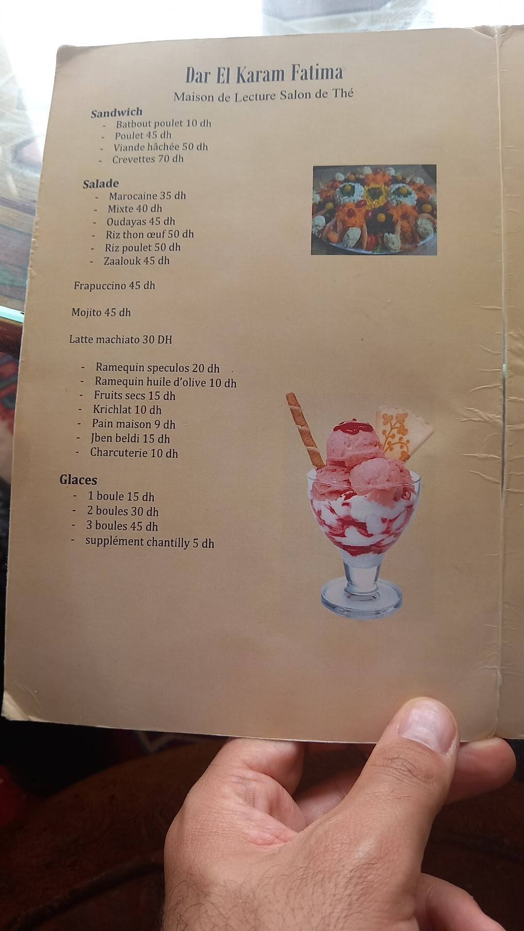 Menu au Dar El Karam Fatima café, Rabat