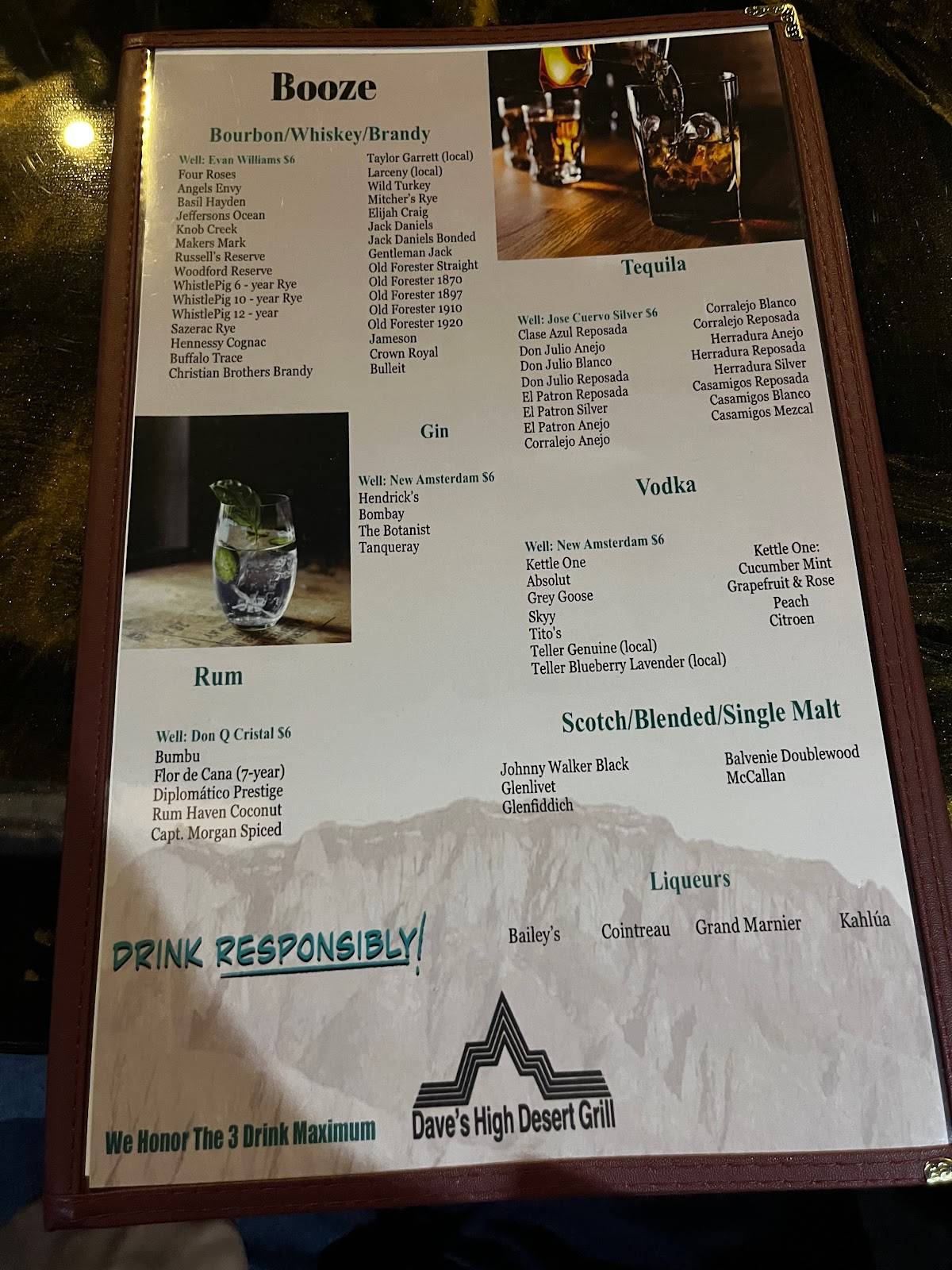 Menu at Dave's High Desert Grill restaurant, Albuquerque