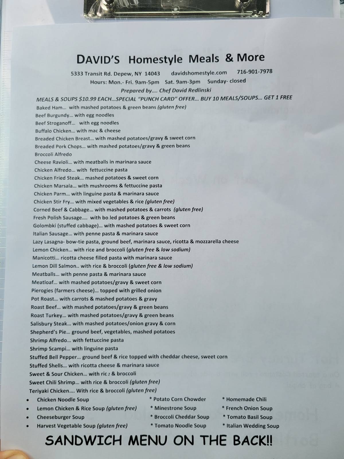 Menu at David's Homestyle Meals/Soups 2GO! restaurant, Depew