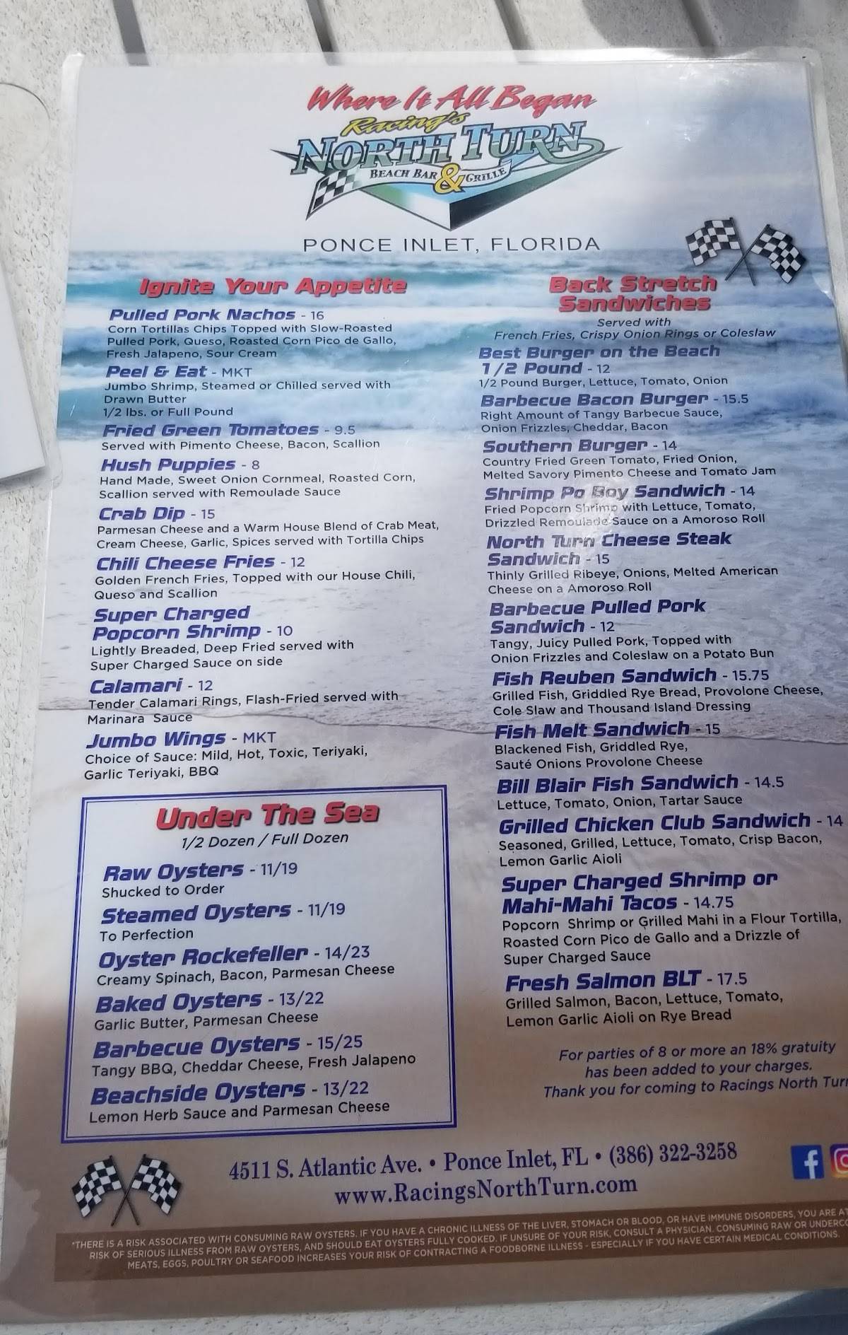 Menu at Racing's North Turn restaurant, Ponce Inlet