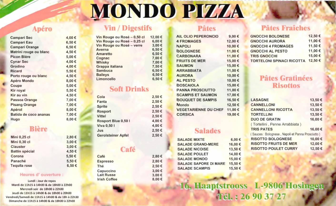 Menu au De Mondo Pizza Sàrl, Parc Hosingen