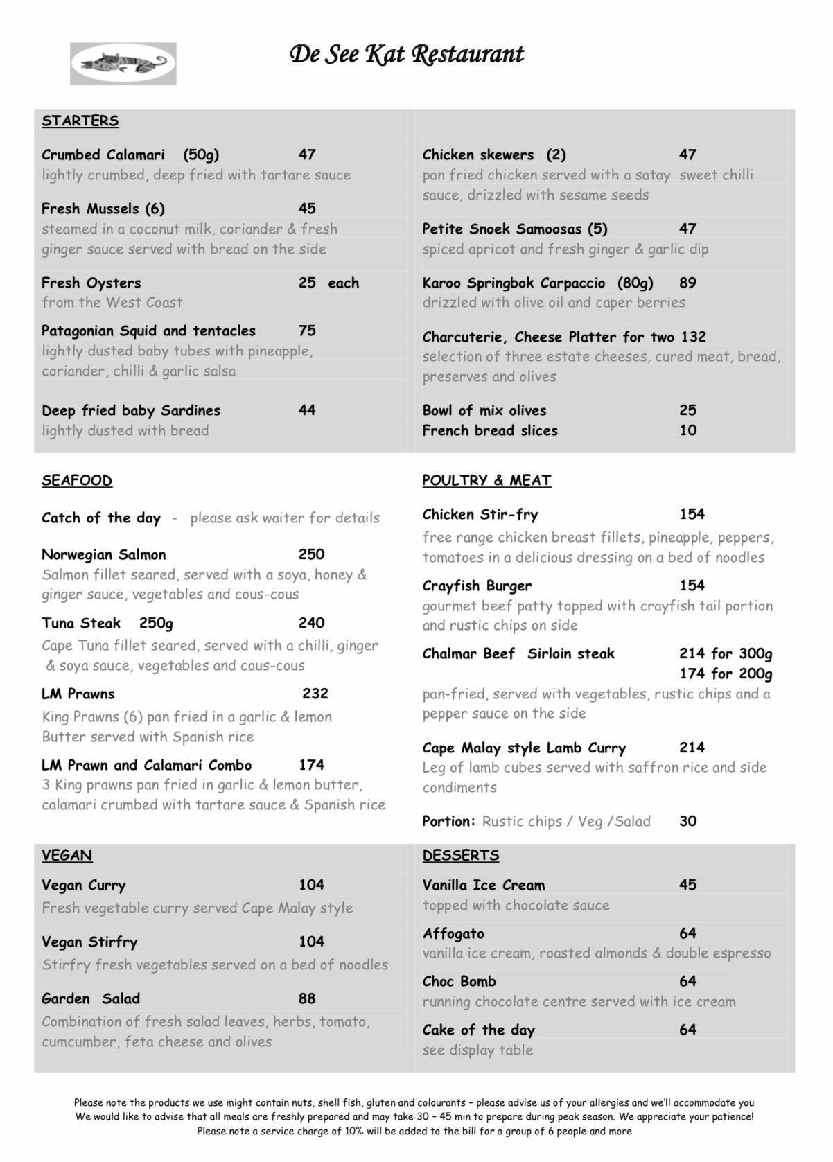 Menu at De See Kat Restaurant, Paternoster