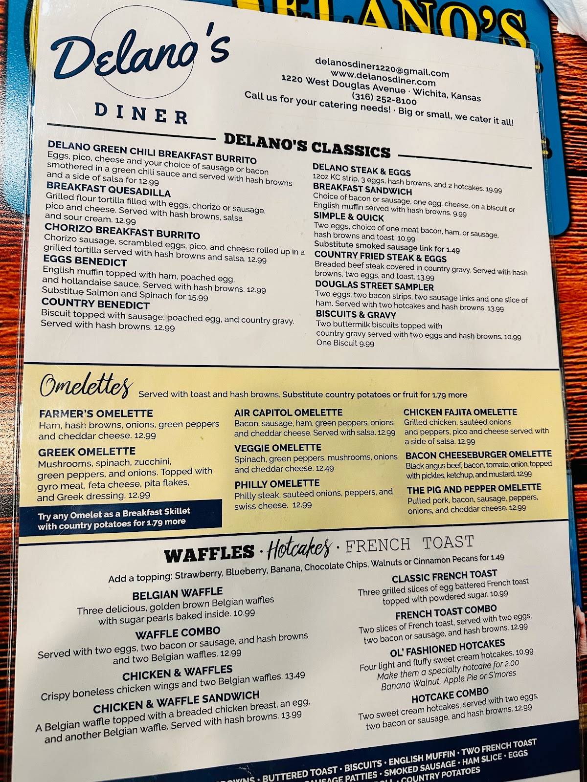 Menu at Delano's Diner restaurant, Wichita