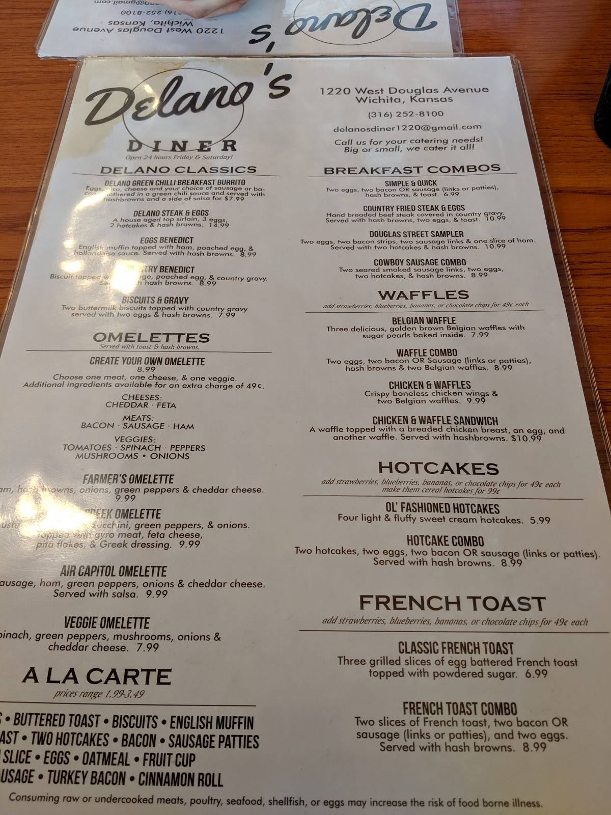 Menu at Delano's Diner restaurant, Wichita