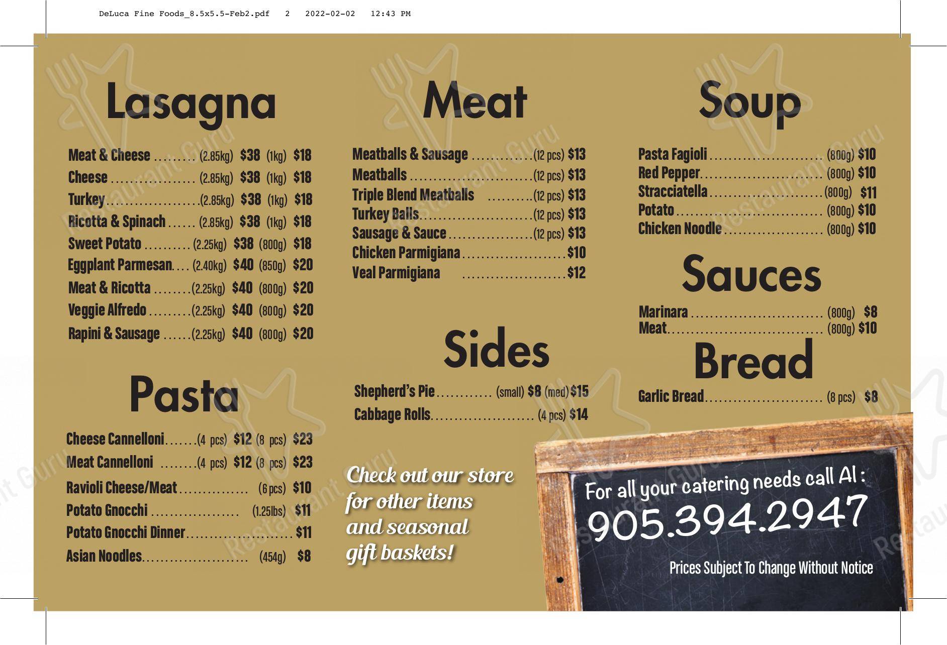 Menu at Deluca Fine Foods restaurant, Port Colborne