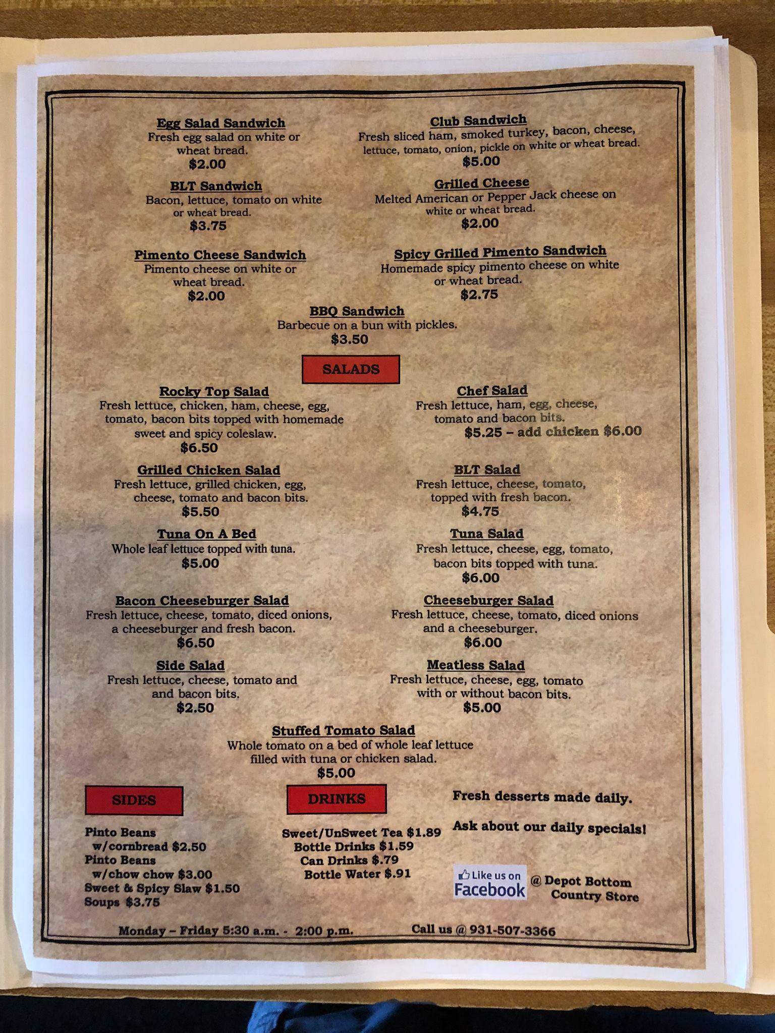 Menu at Depot Bottom Country Store cafe, McMinnville