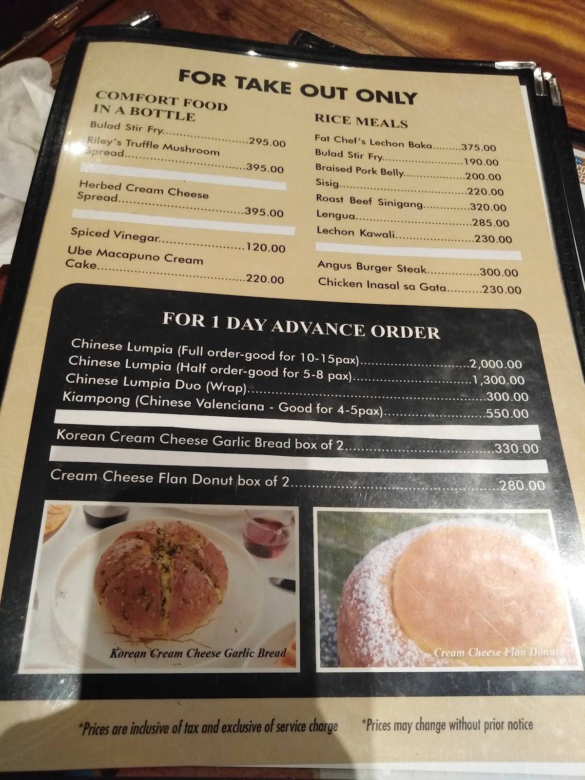 Carta de Fat Chef Restaurant, Cagayan de Oro