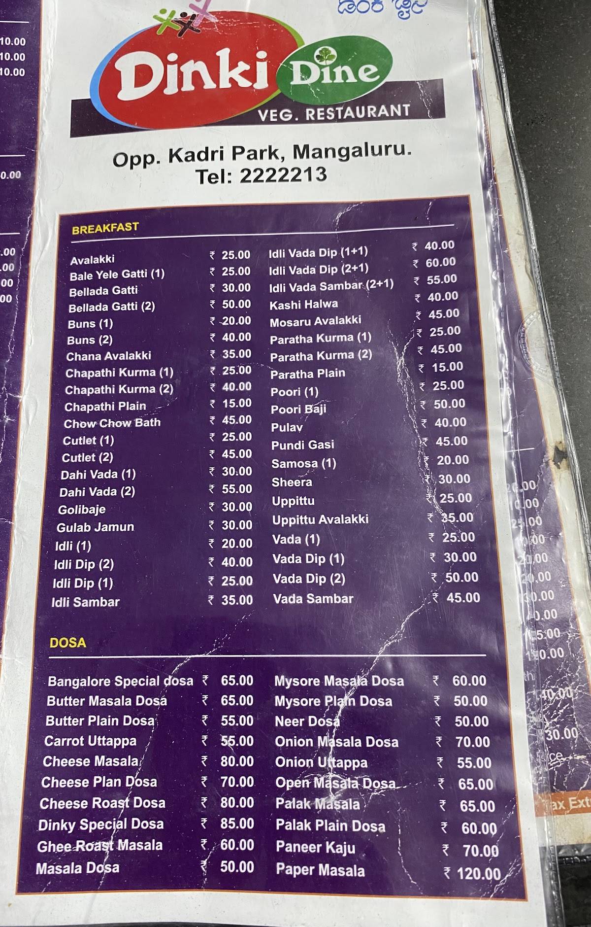 Menu at Dinki Dine Veg Restaurant, Mangaluru, Kadri Park Rd
