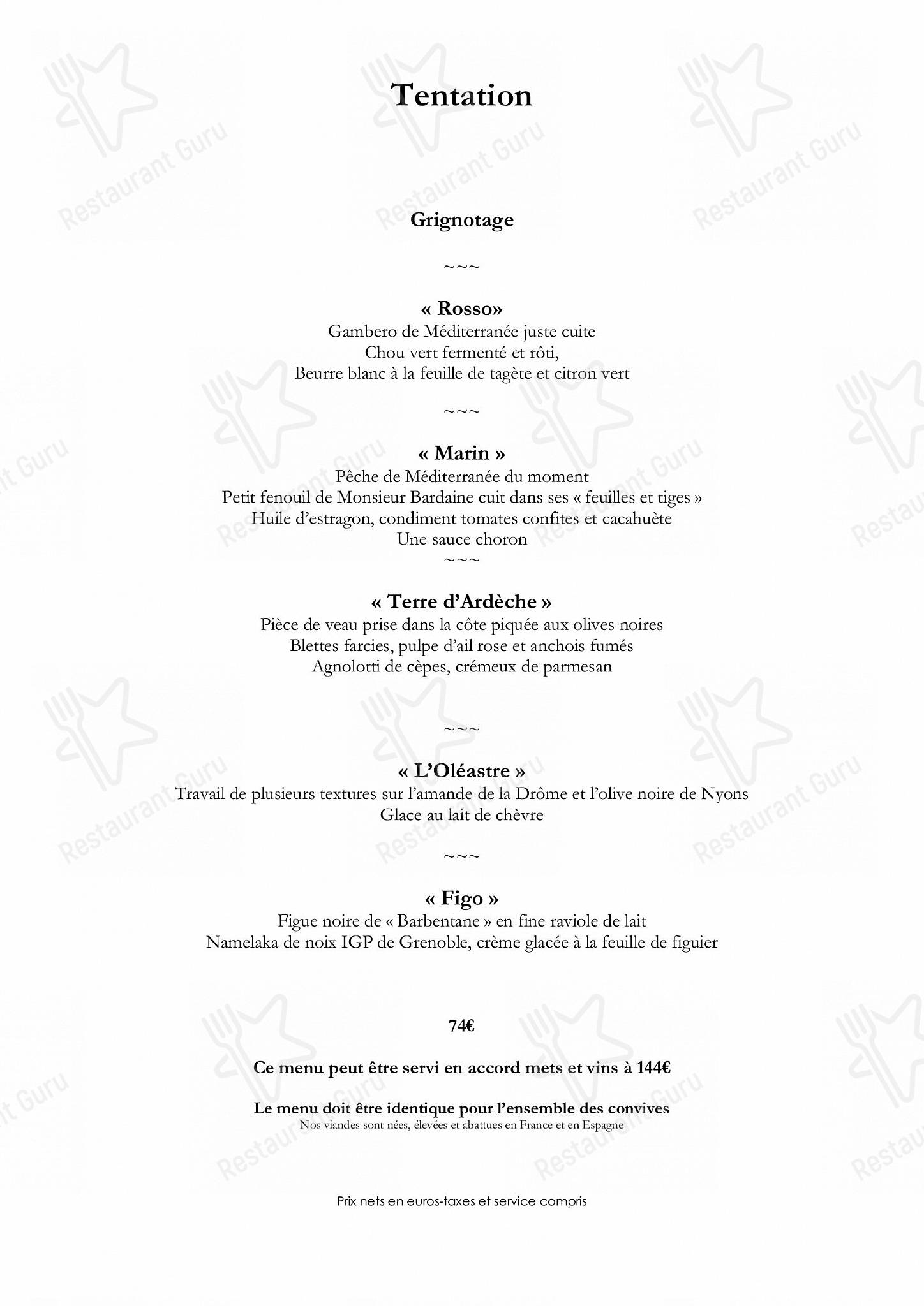Menu au Domaine du Colombier Restaurant, Malataverne