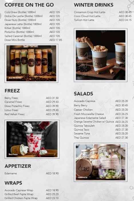 Menu at Dose cafe, Al Ain, Sheik Khalifa Bin Zayed St