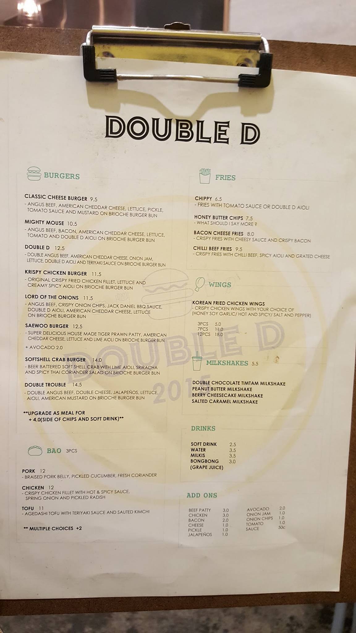 Menu at Double D Burger fast food, Springvale