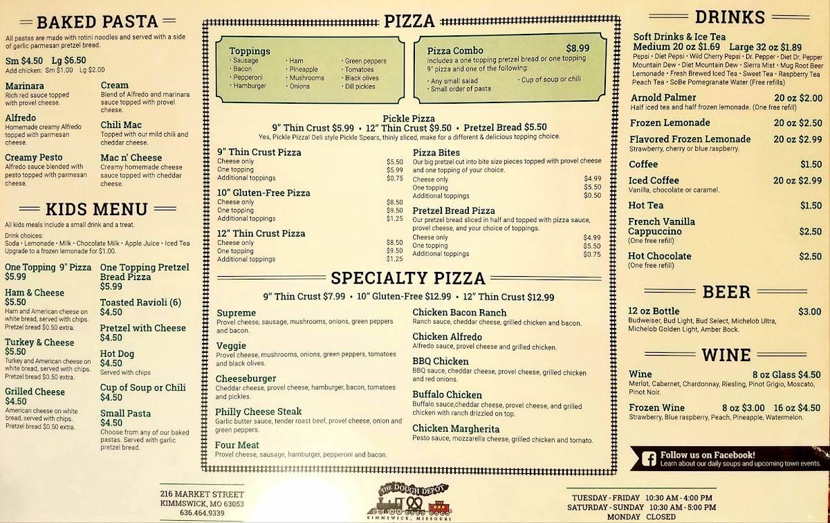 Menu at Dough Depot cafe, Kimmswick