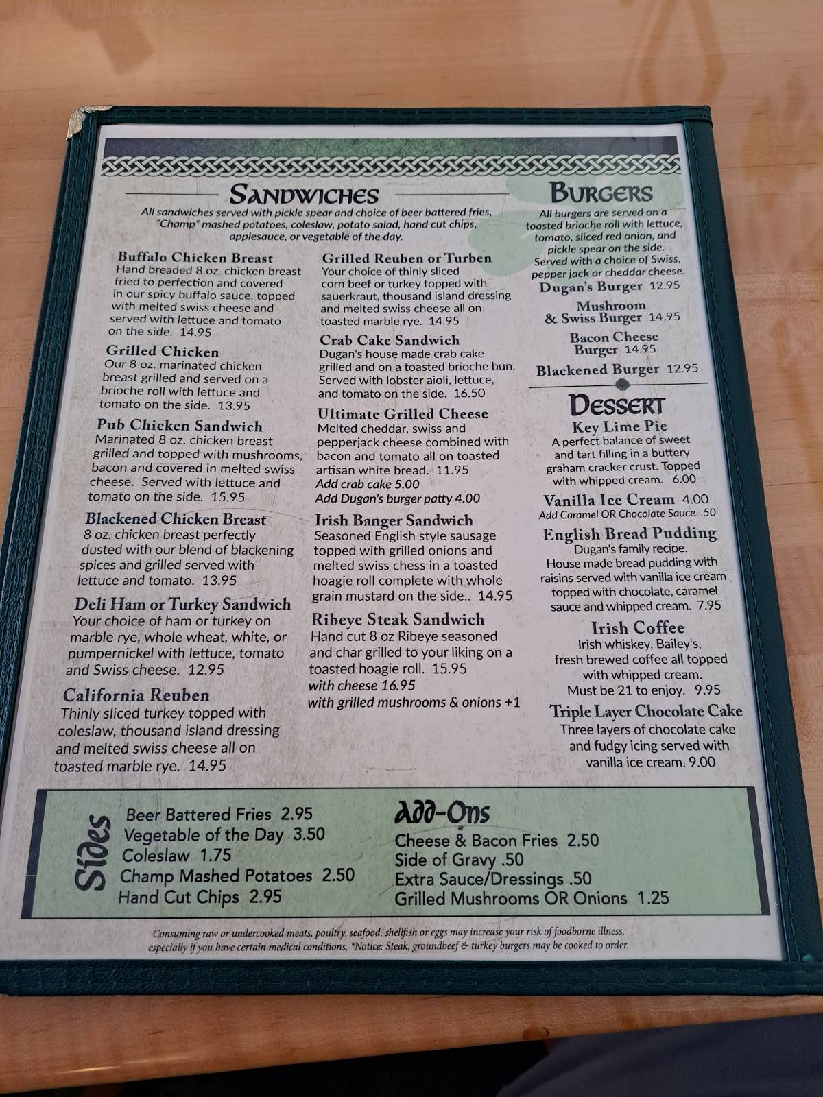 Menu at Dugan's Pub, Pinehurst