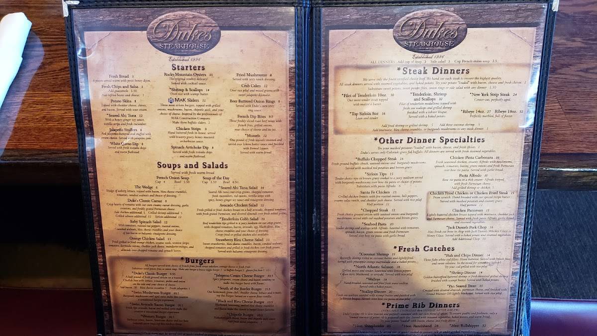Menu at Duke's Steakhouse, Castle Pines