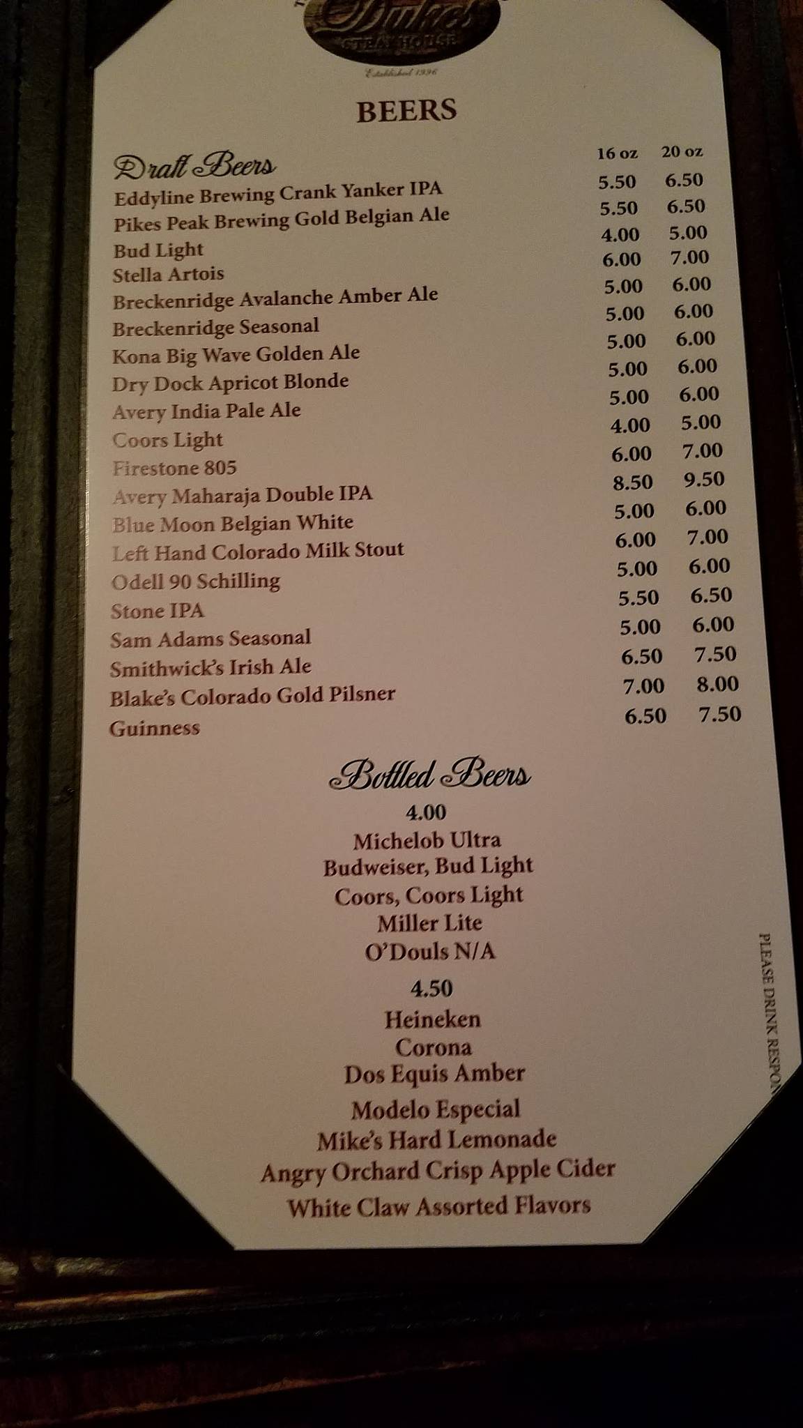 Menu at Duke's Steakhouse, Castle Pines