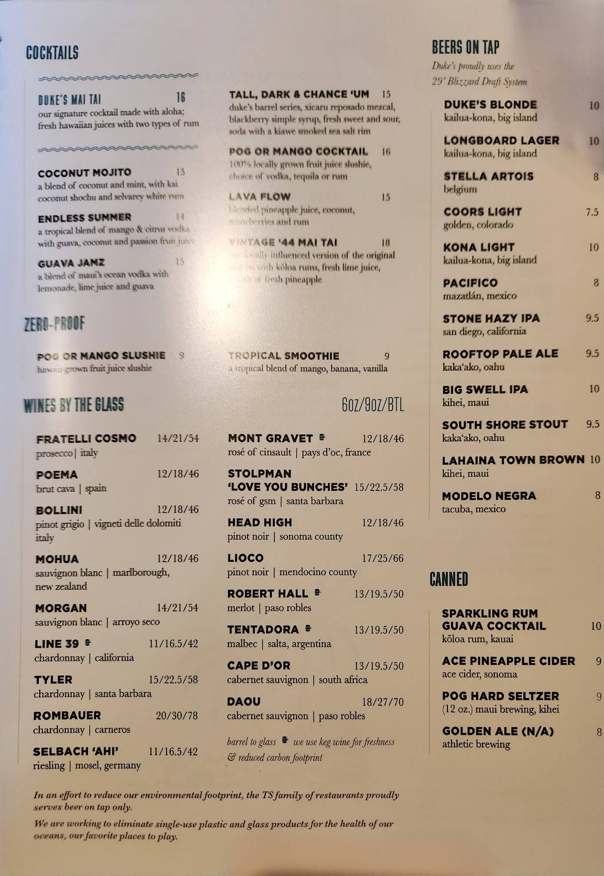Menu at Duke's Waikiki pub & bar, Honolulu, Kalākaua Ave #116