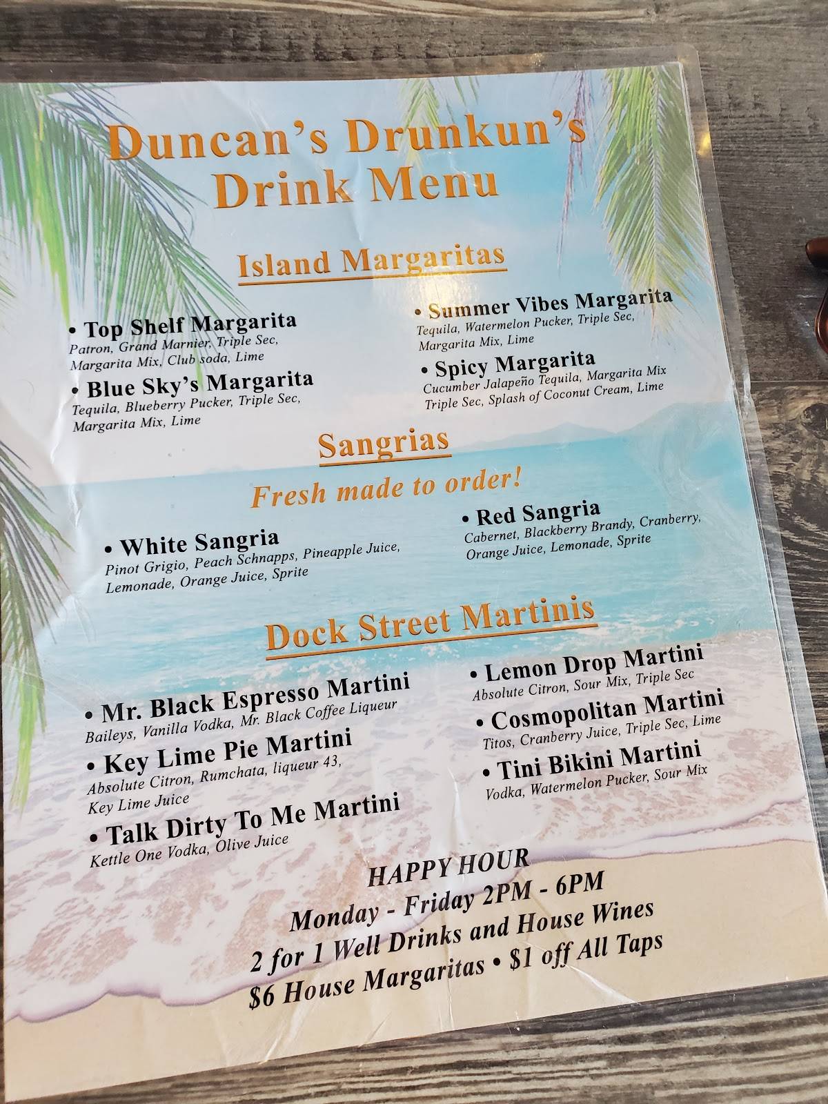 Menu at Duncan's on the Gulf restaurant, Cedar Key
