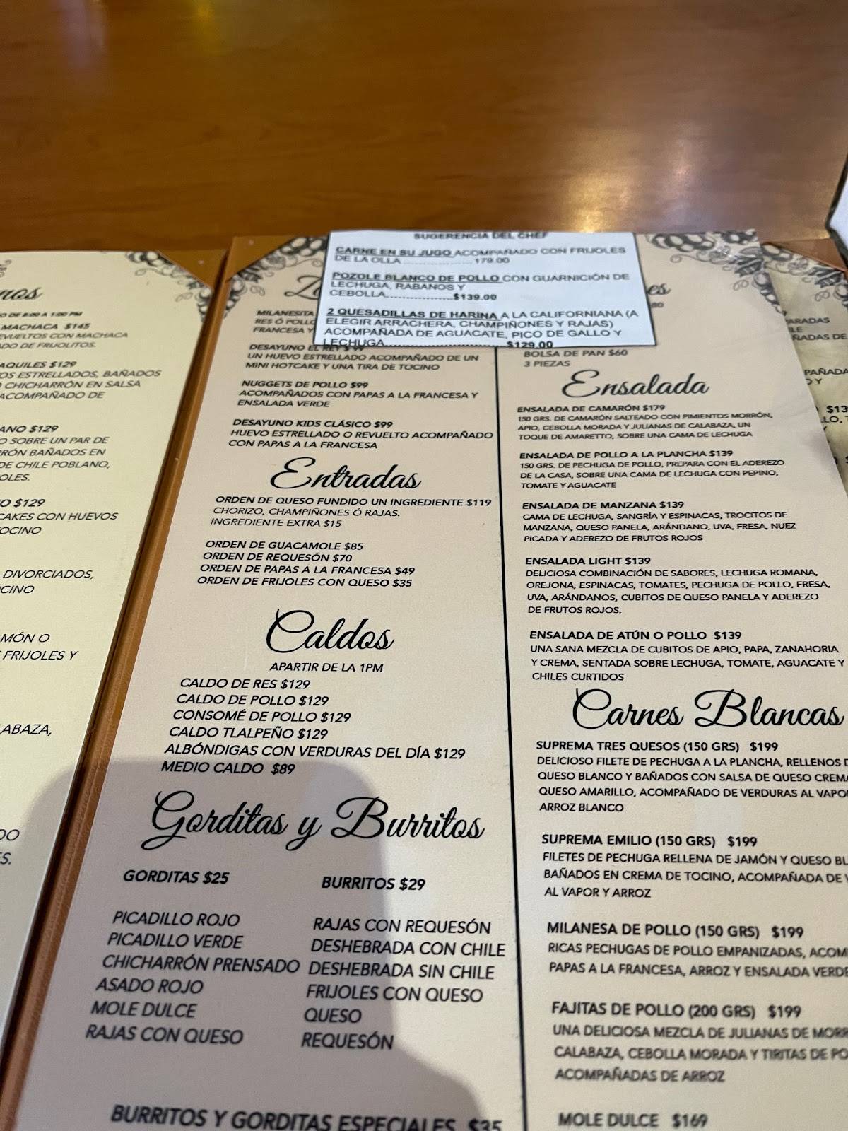 Carta de Restaurante La Victoria, Durango