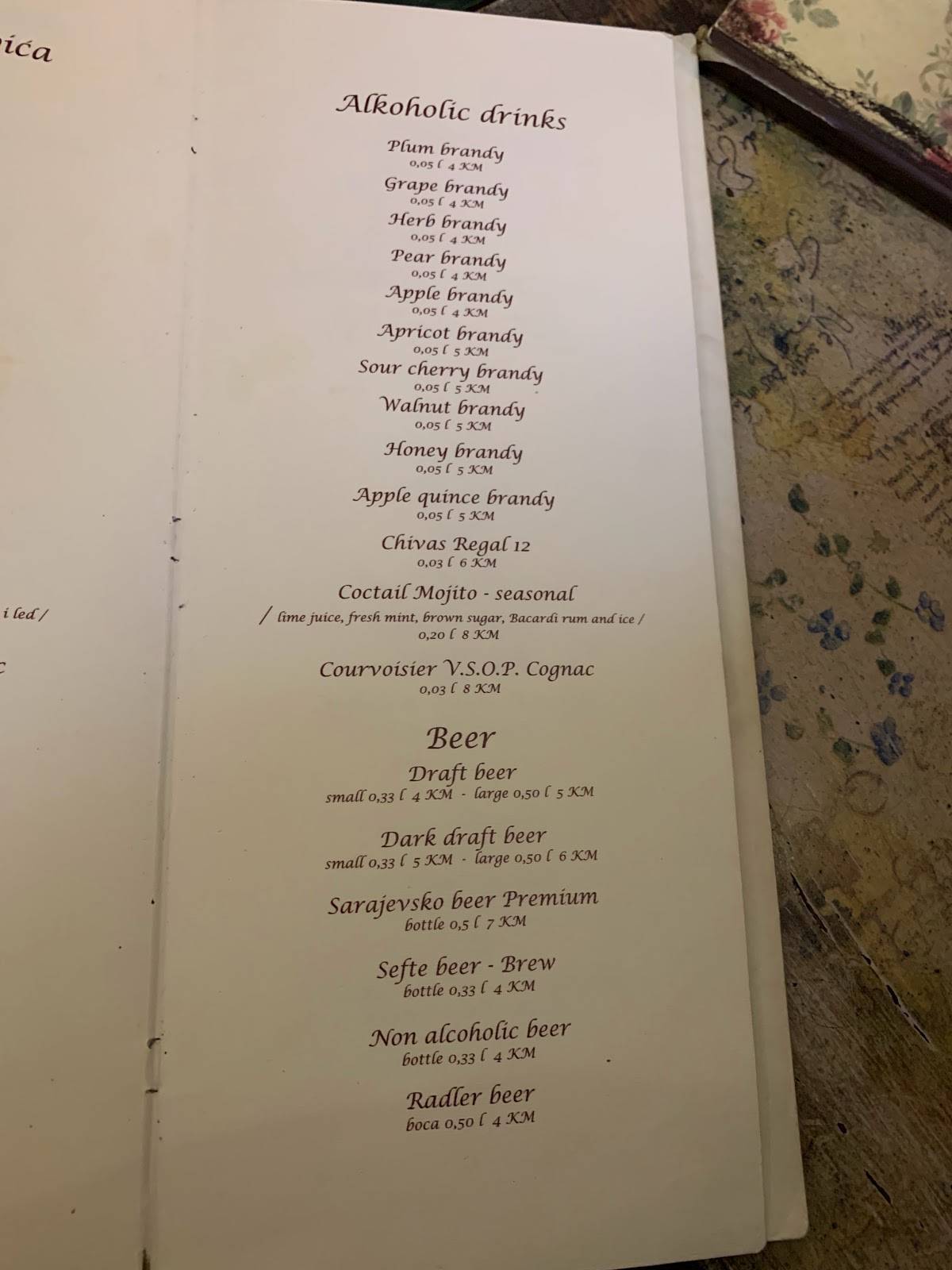 Menu at Dveri restaurant, Sarajevo