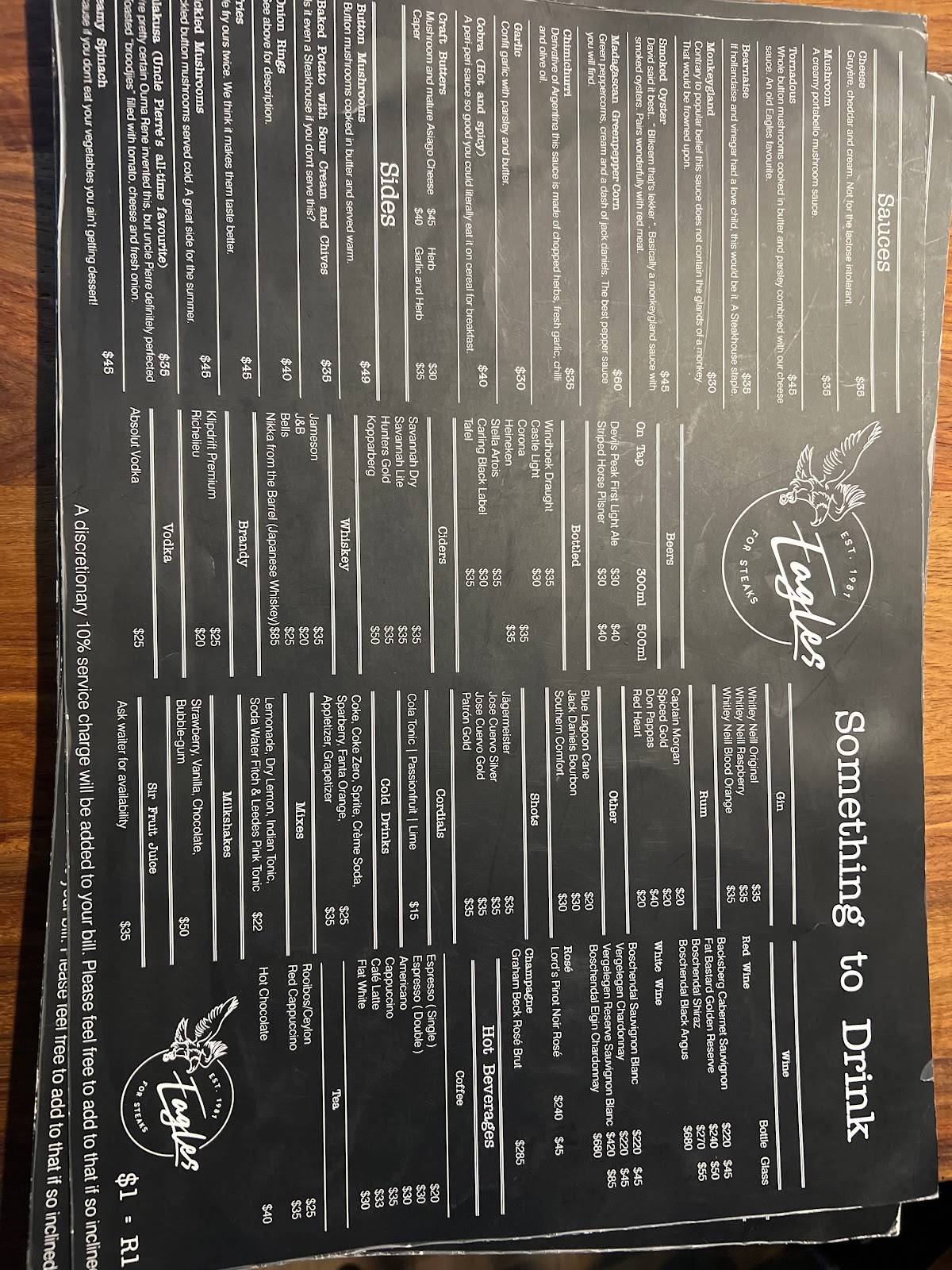 Menu at Eagles for Steaks restaurant, Klerksdorp