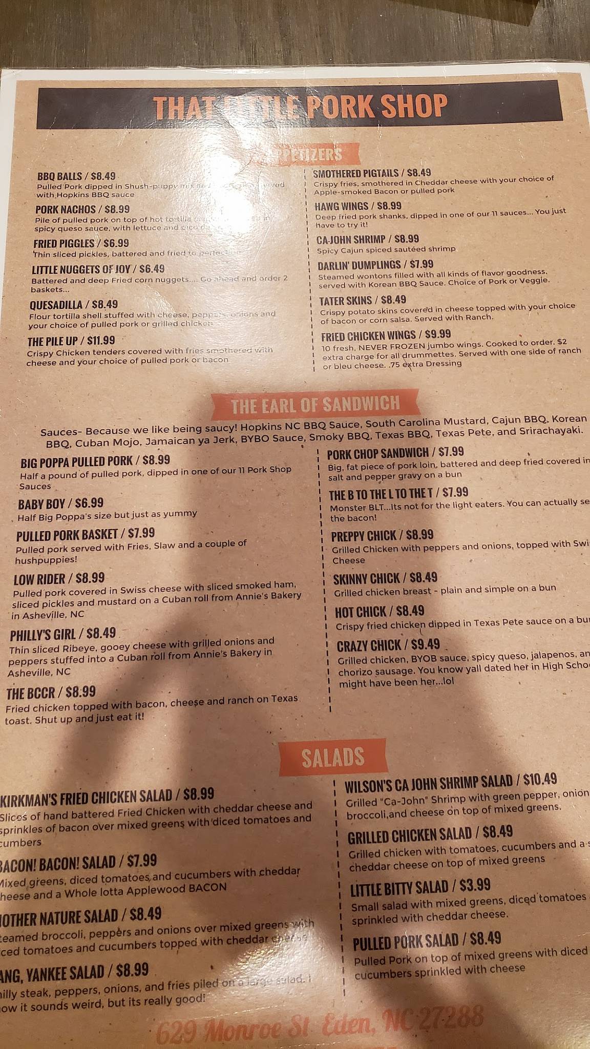 Menu at That Little Pork Shop BBQ, Eden