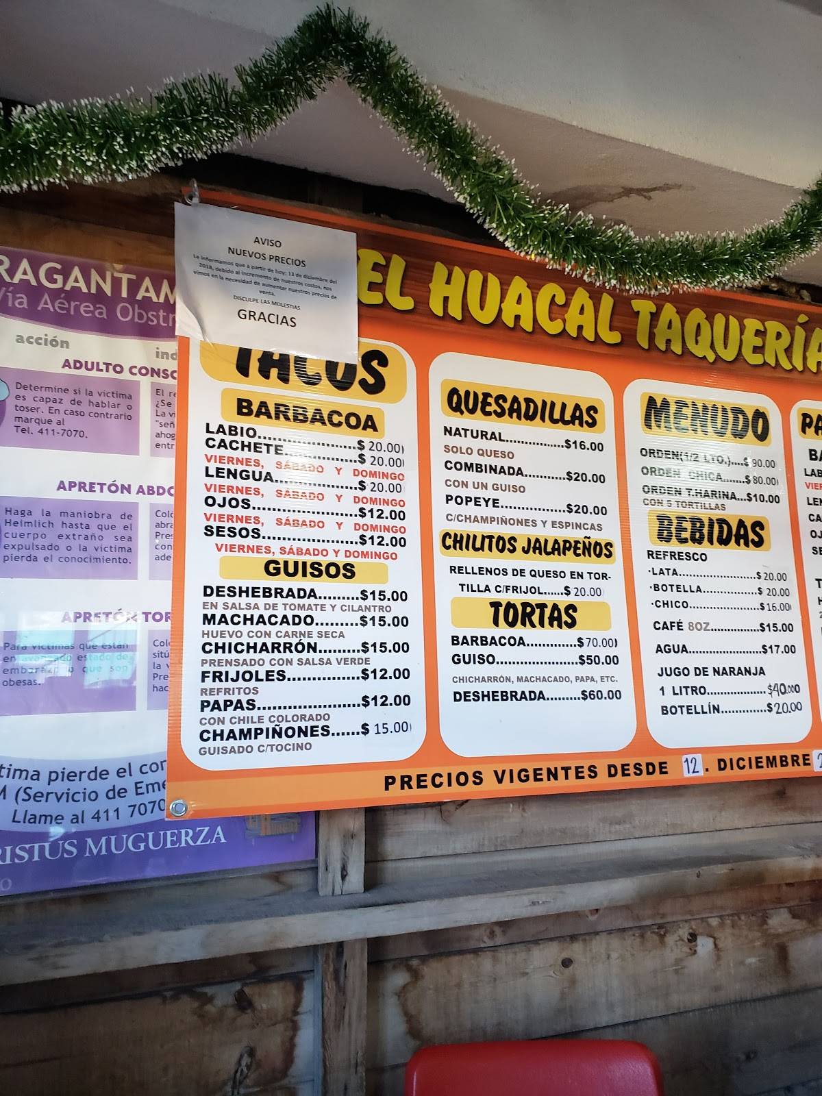 Carta del restaurante El Huacal, Saltillo