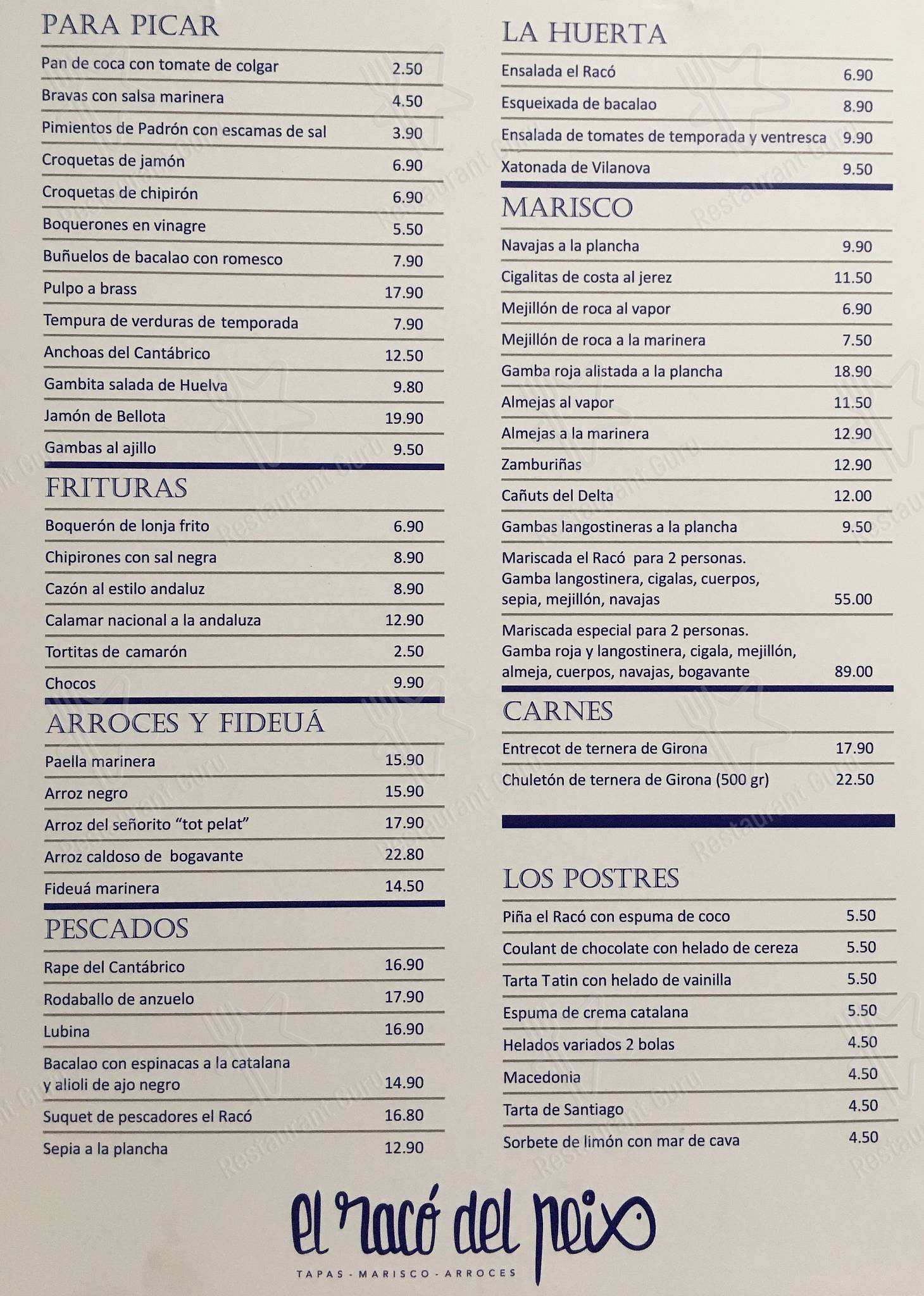 Carta del restaurante El Racó del Peix, Barcelona
