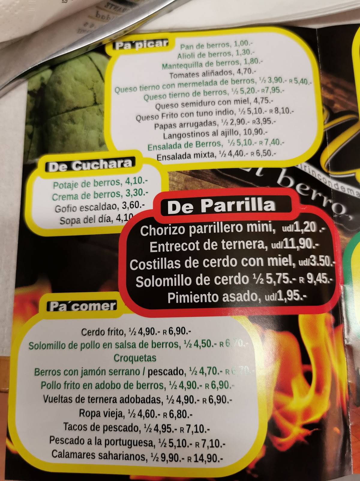 Carta del pub y bar El Rincón del Marcos, Firgas