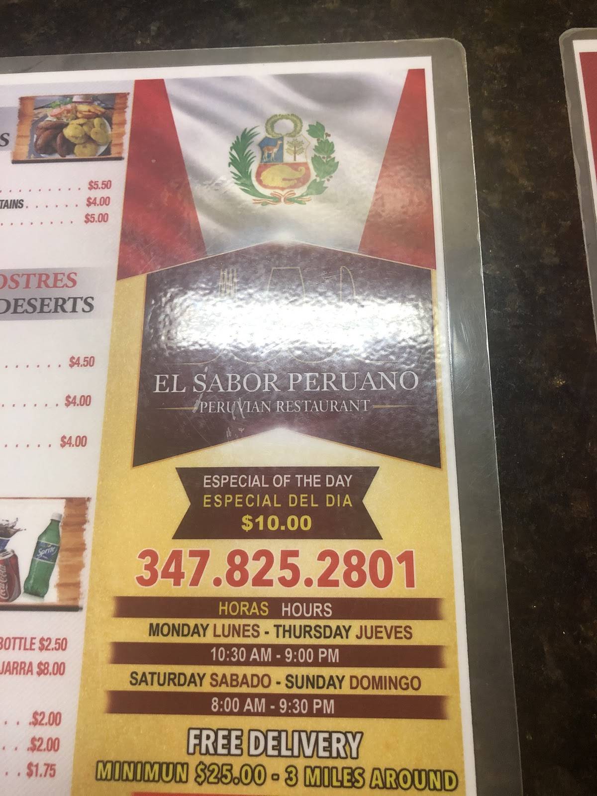 Carta del restaurante El Sabor Peruano, Bayonne