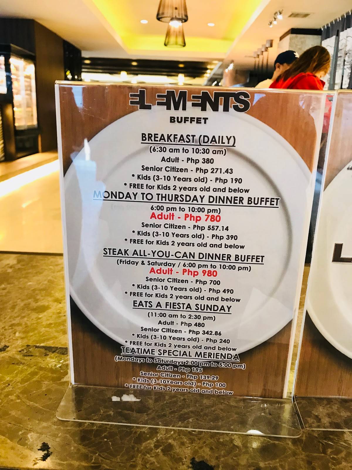 Menu at Elements Buffet restaurant, Baguio