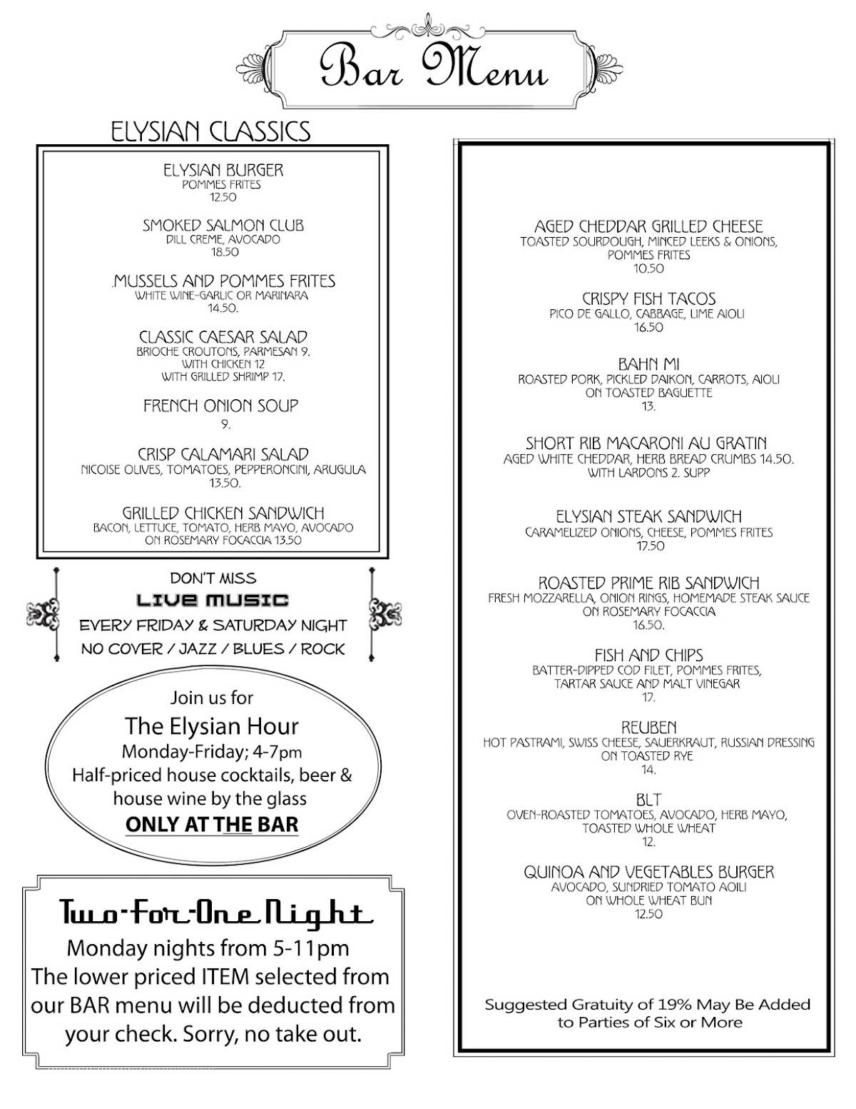 Menu at Elysian Cafe, Hoboken