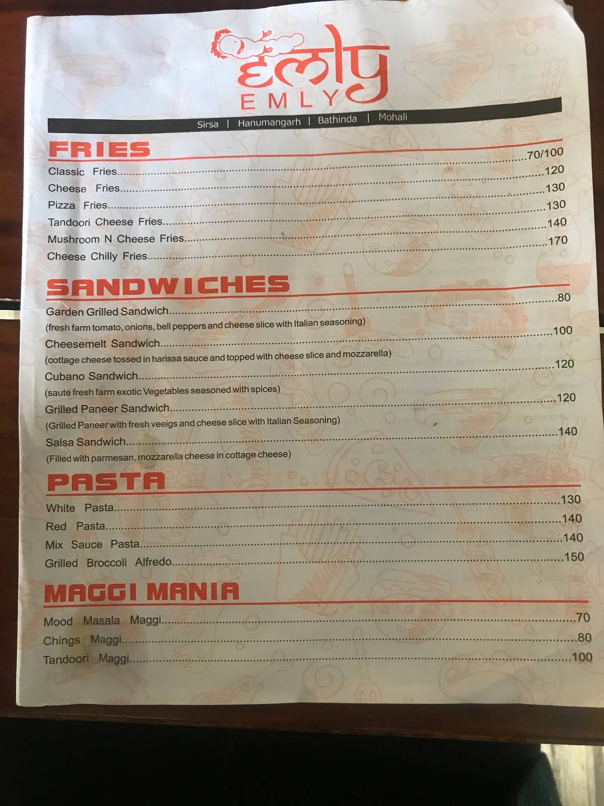 Menu at Emly, Bathinda