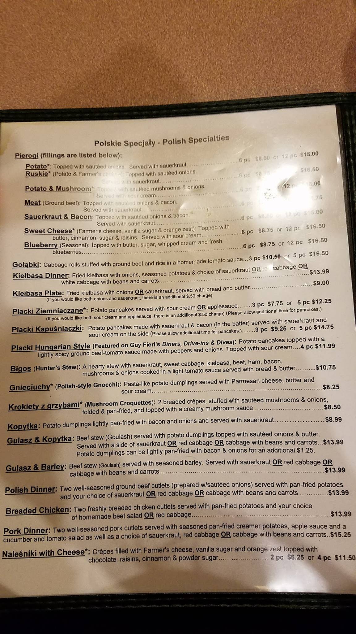 Menu at Eva's European Sweets restaurant, Syracuse