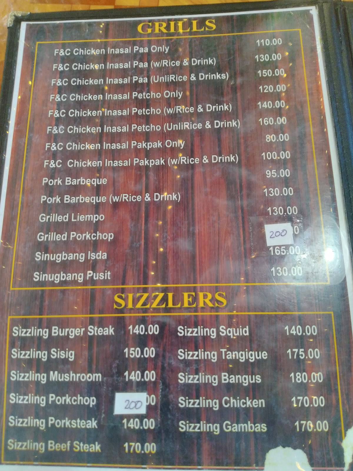 Menu at F & C Restaubar, Canlaon City